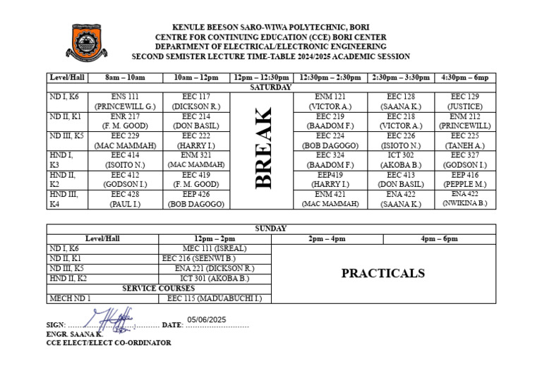 2024-2025 Academic Session 2nd Semester Lecture Time Table | PDF