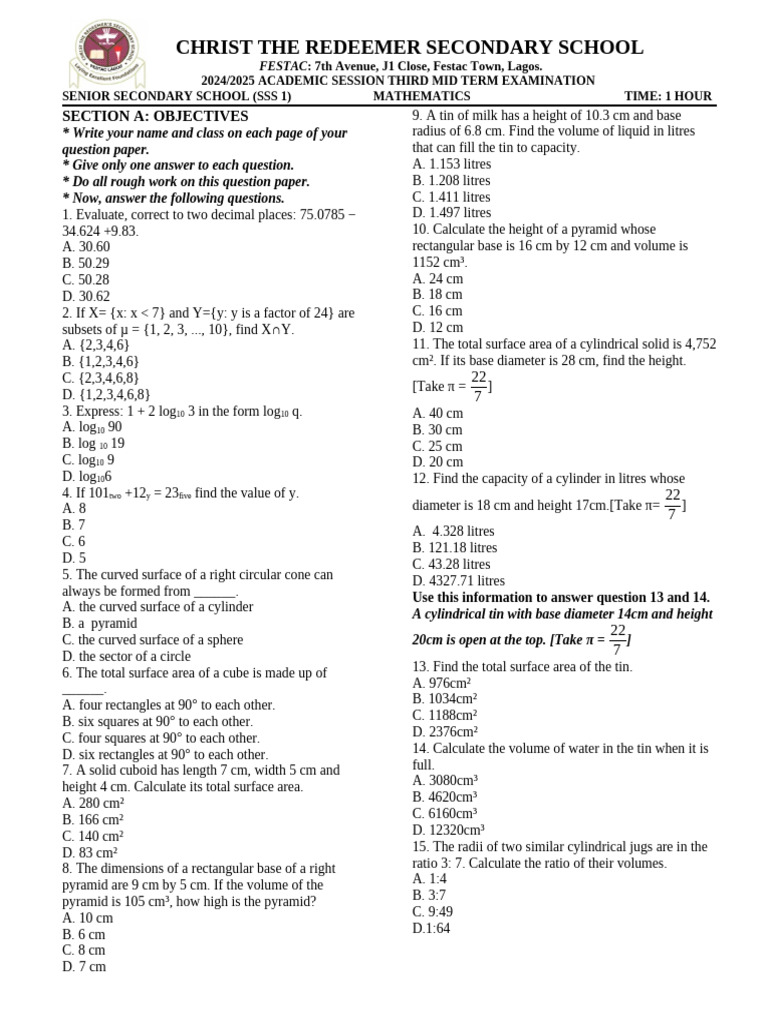 Sss 1 Mathematics Mid Term Exam 2024 Pdf Volume Mathematics