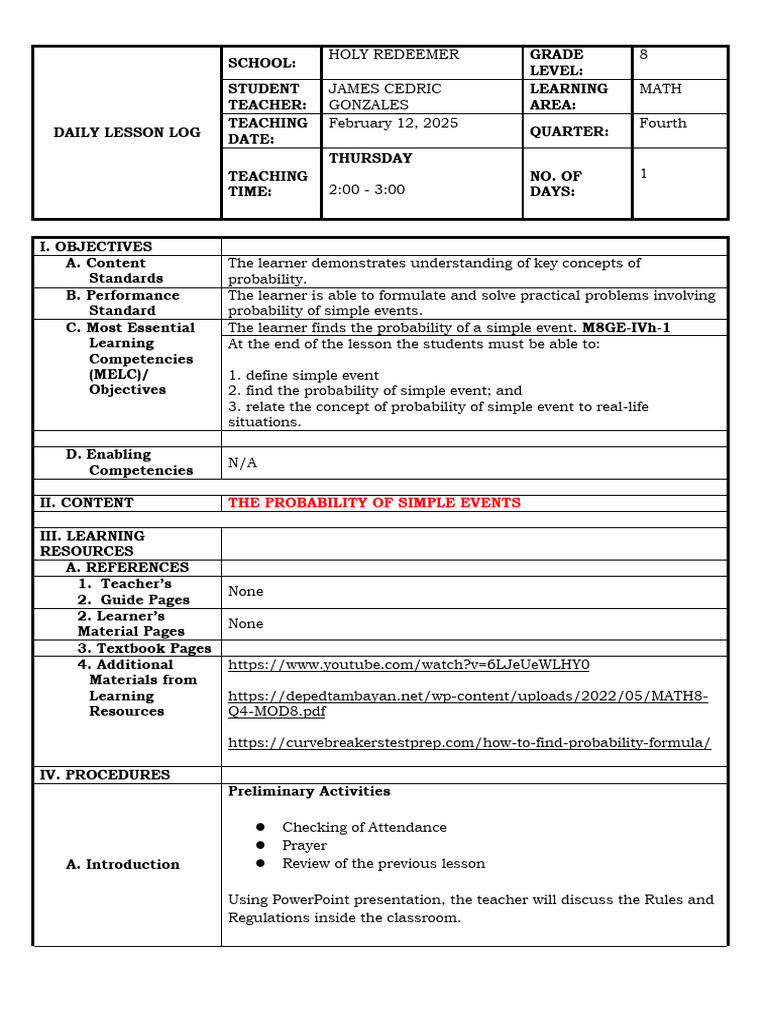 Grade 8 Math: Probability Lesson Plan | PDF | Learning | Probability