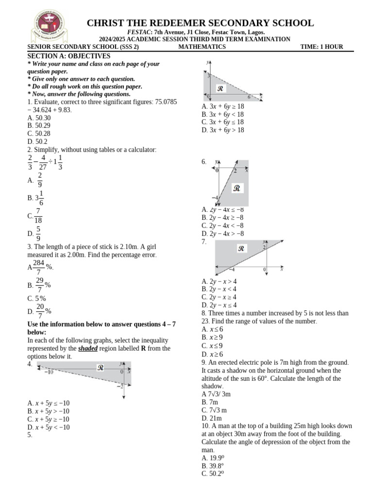 Ss 2 Maths Third Mid Term | PDF | Mathematics