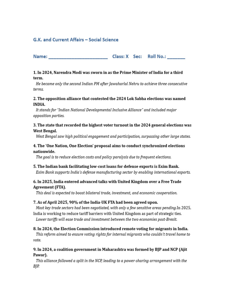 GK and Current Affairs Worksheet Social Science | PDF | Government