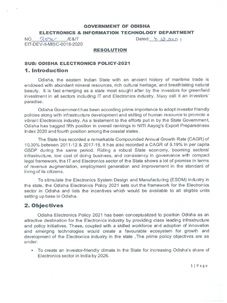 Odisha Electronics Policy 2021 | PDF