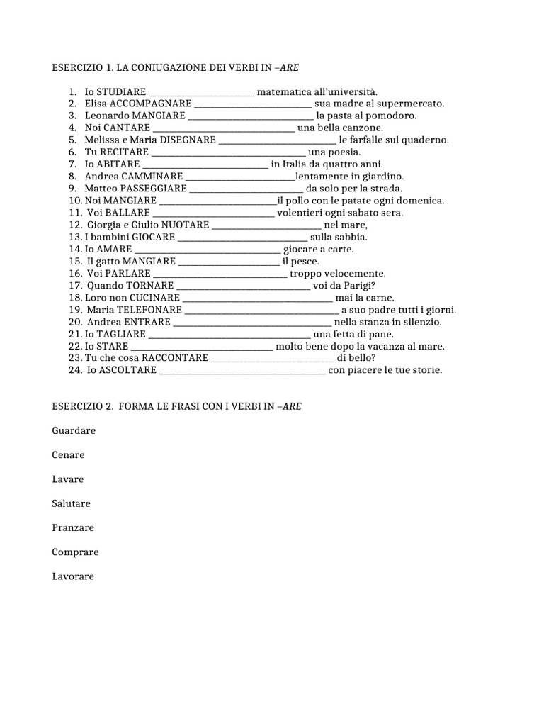 Esercizi Verbi Regolari in - ARE | PDF