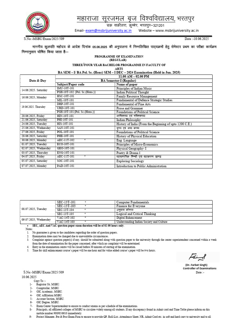 MSBU BA Semester-I Exam Schedule 2025 | PDF | Qualifications | Liberal ...