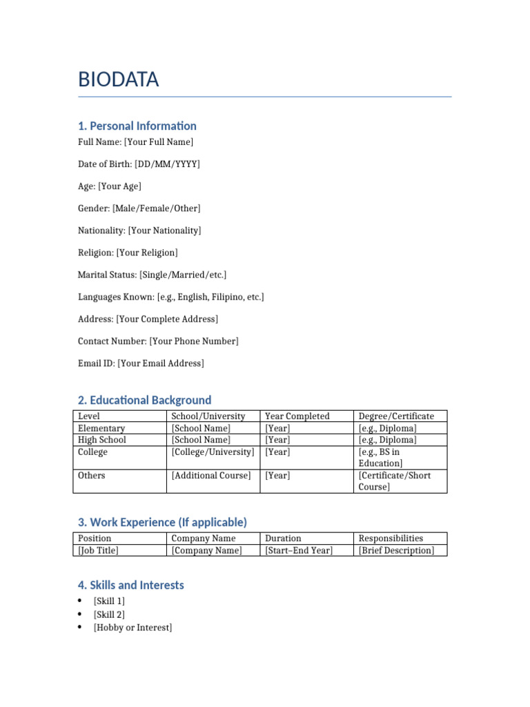 Biodata Template | PDF