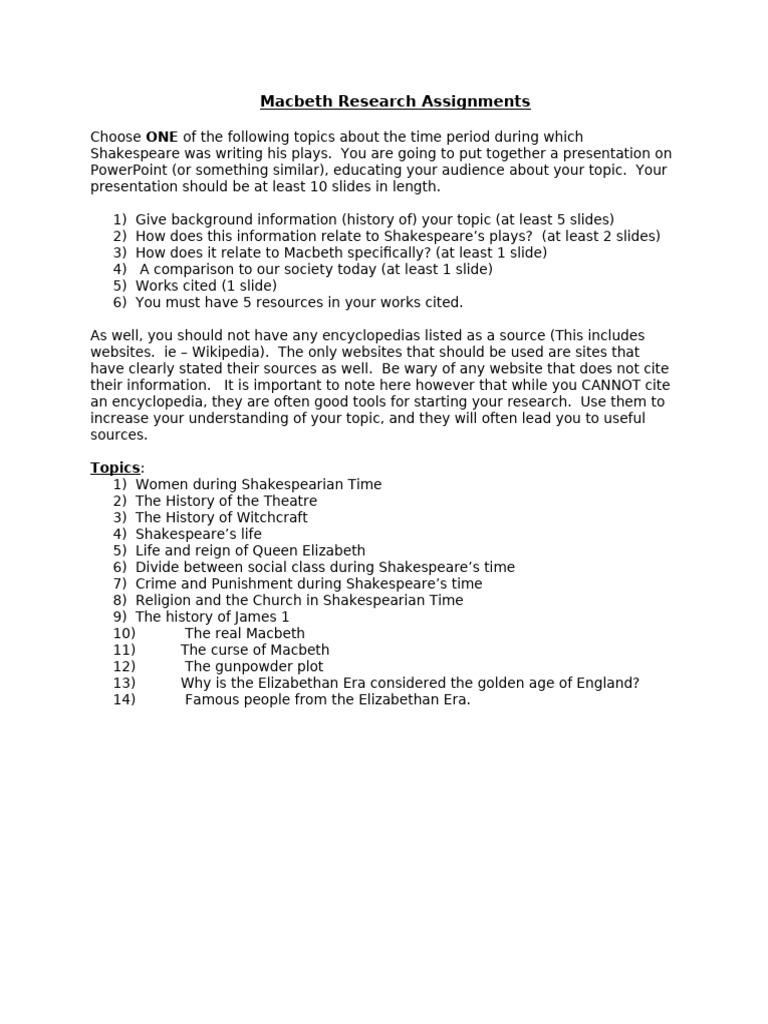 Macbeth Research Assignments | PDF | Macbeth | Knowledge