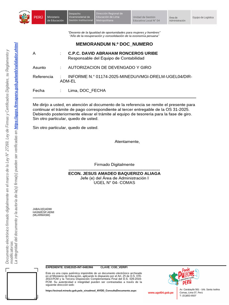Memorandum 00000 2025 Minedu Vmgi Drelm Ugel04 Dir Adm El 34630829 | PDF | Gobierno
