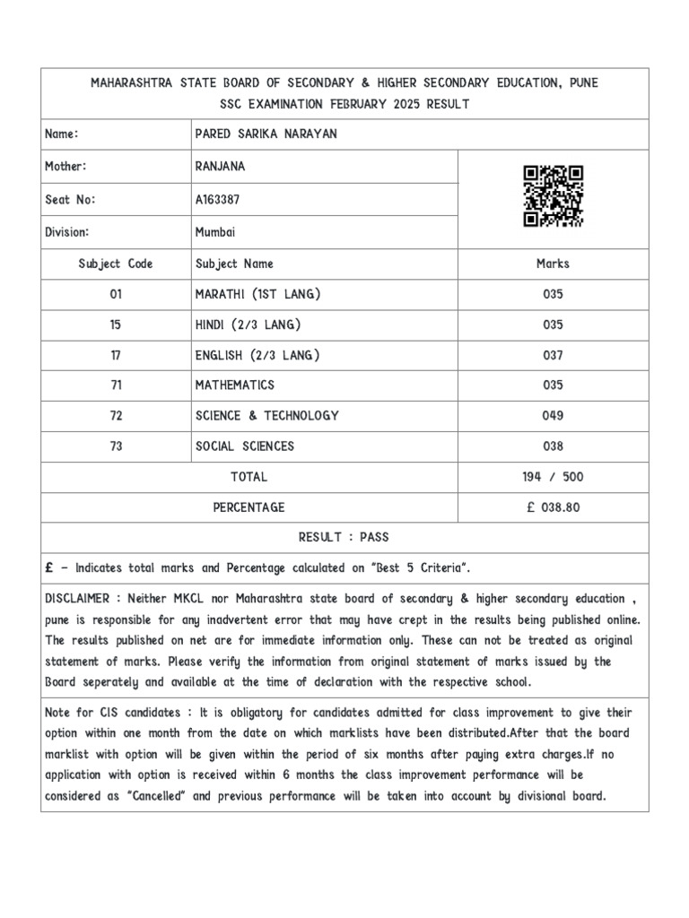 SSC Exam Result Percentage Summary | PDF