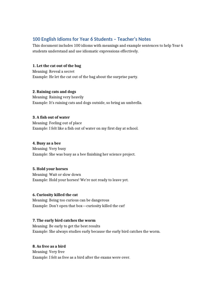 100 English Idioms for Year 6 Students | PDF | Idiom