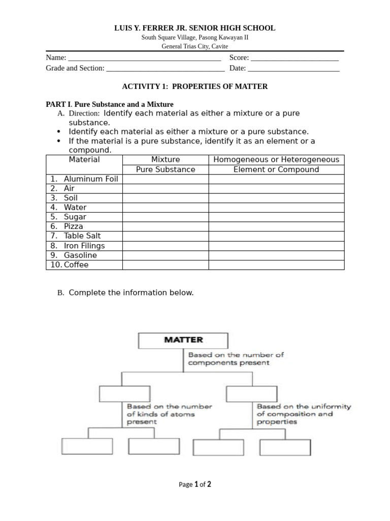 Activity 1 Properties of Matter | PDF