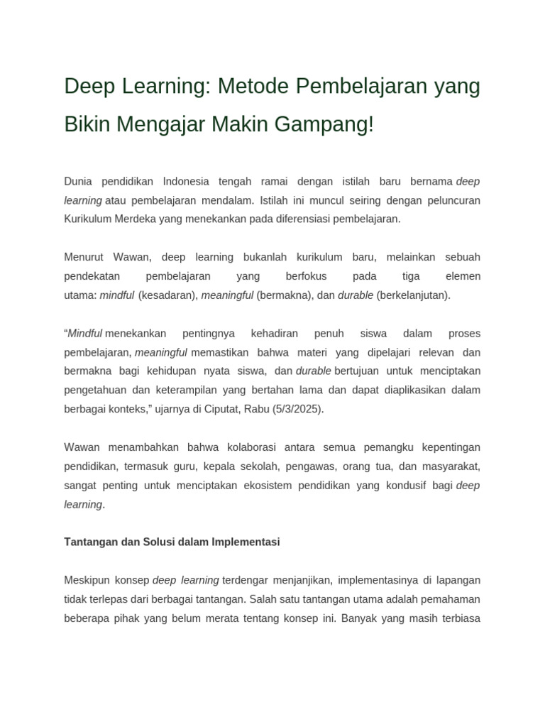 Deep Learning, Metode Pembelajaran Yang Bikin Mengajar Makin Gampang | PDF