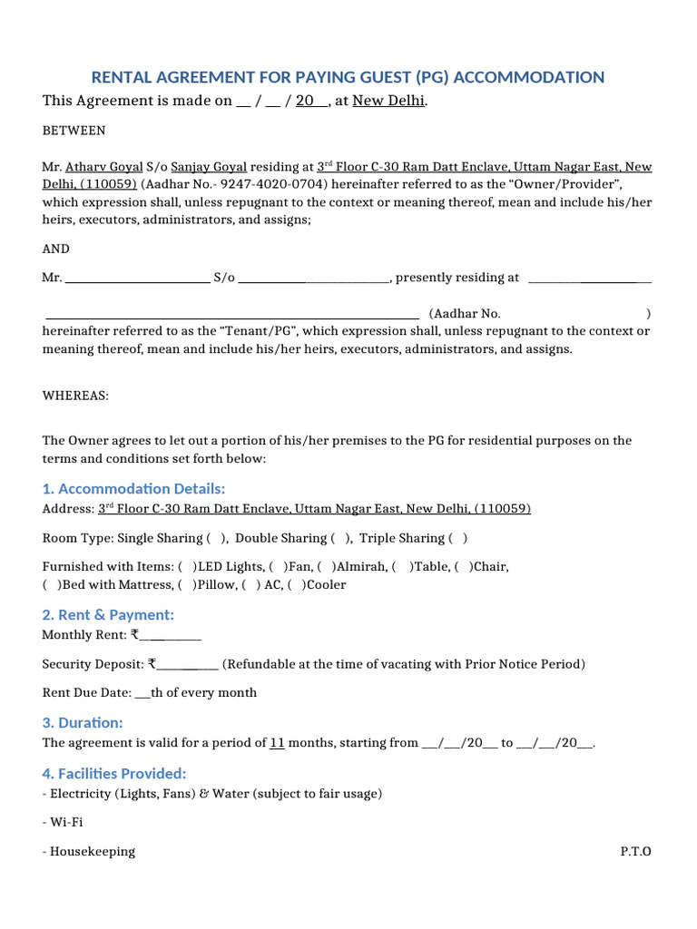 PG Rental Agreement Template | PDF | Private Law