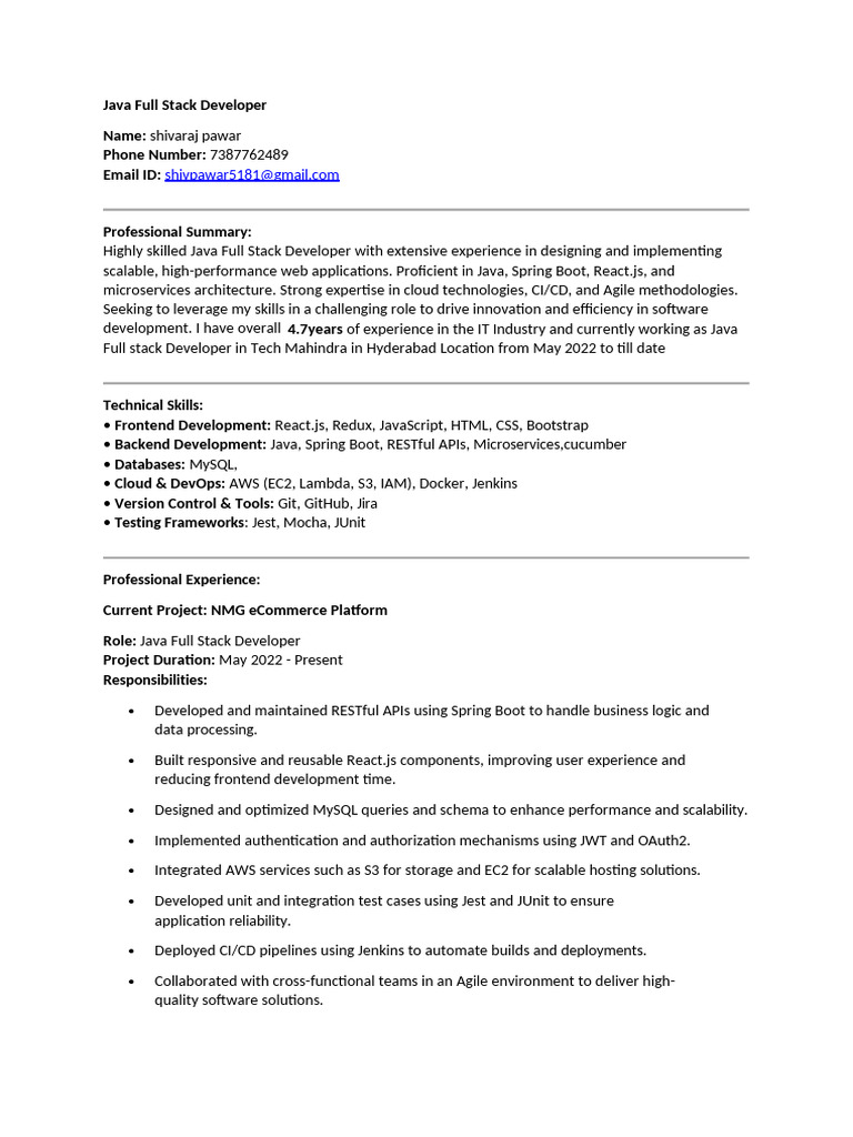 Shivaraj Pawar Java Full Stack Developer | PDF | Software Development | Cloud Computing