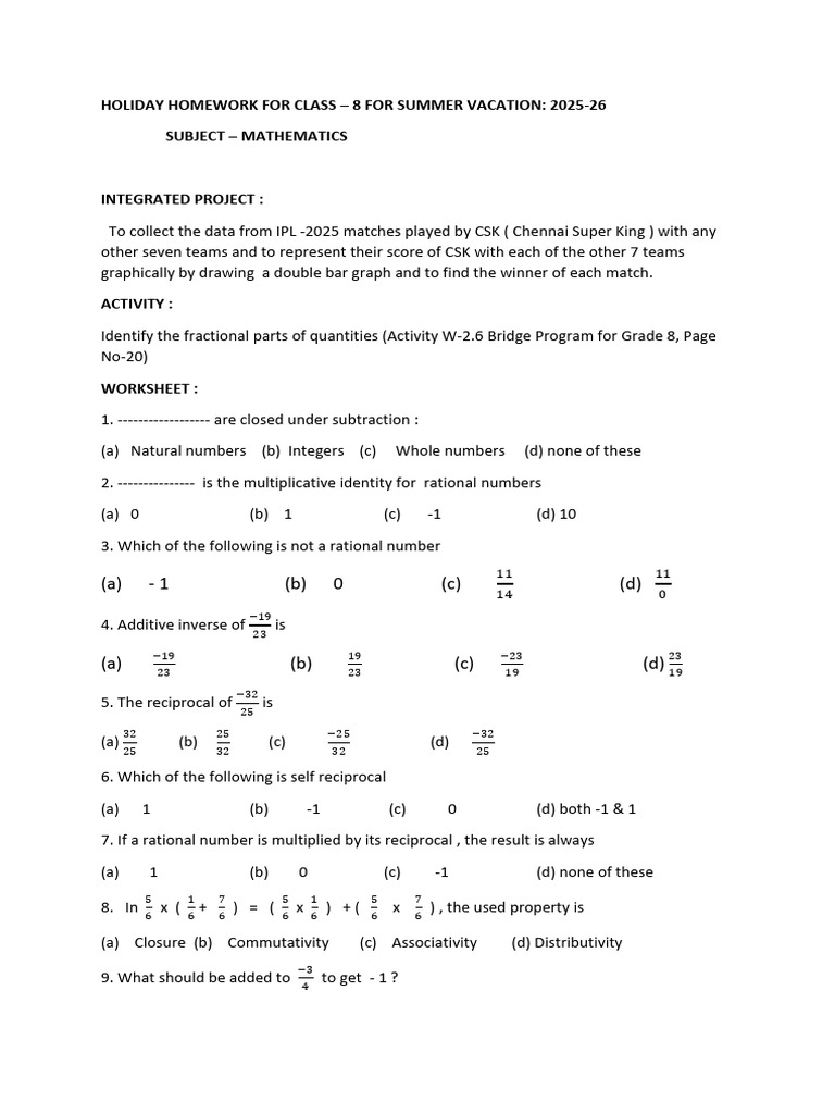 Class 8 Summer Math Homework 2025-26 | PDF | Equations | Elementary ...