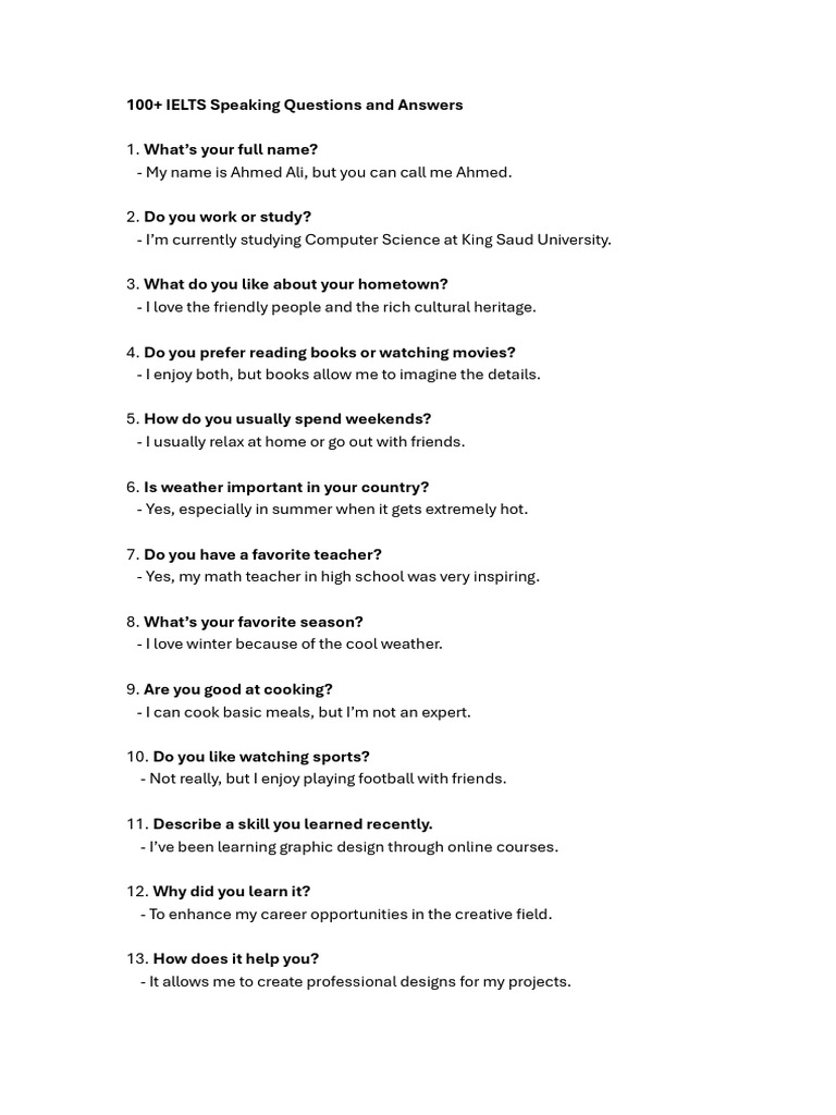 100 IELTS Speaking Questions & Answers | PDF