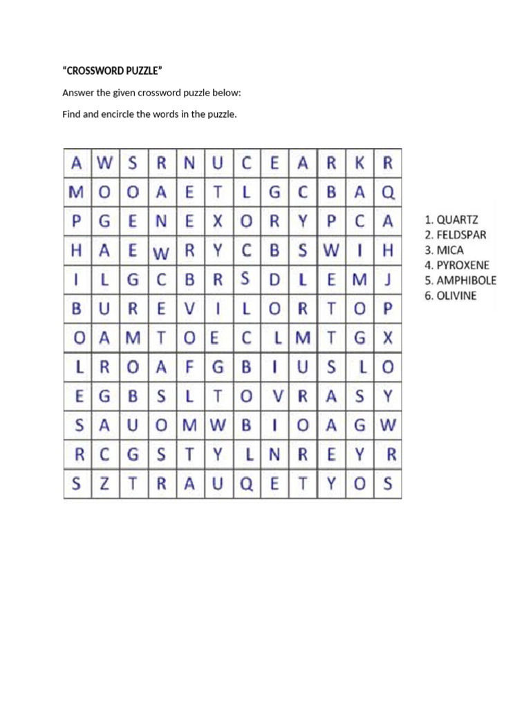 CROSSWORD PUZZLE - Rock-Forming Minerals | PDF