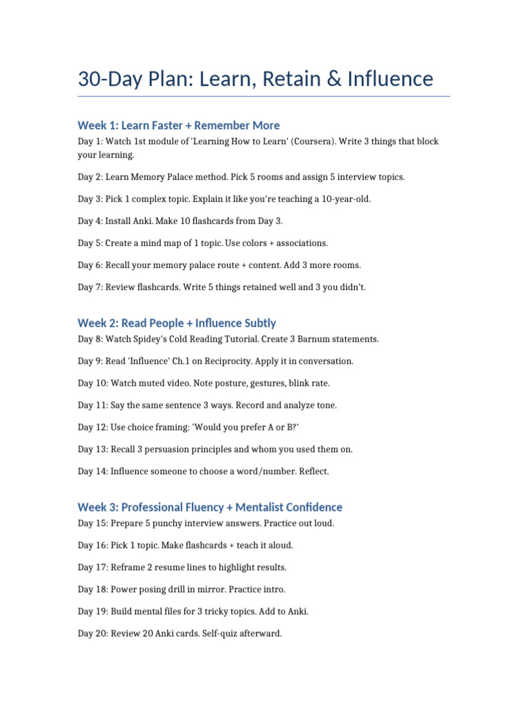 30 Day Learn Retain Influence Plan | PDF