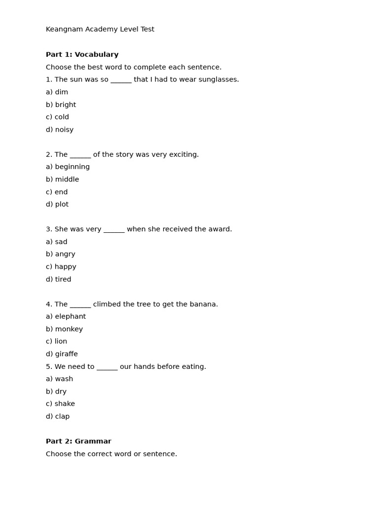 Elementary English Level Test | PDF | Breads | Baking