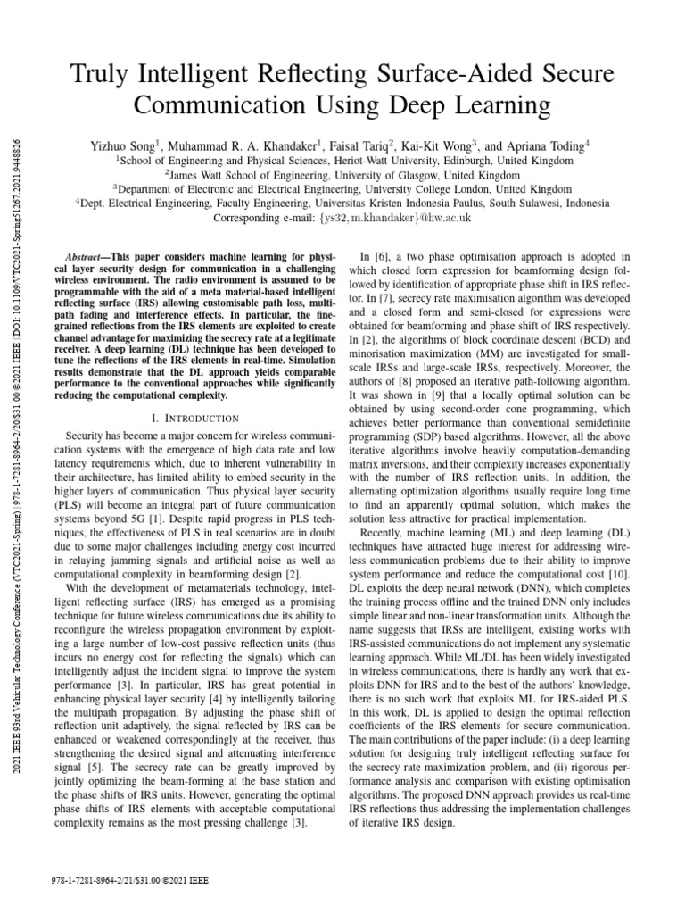 Truly Intelligent Reflecting Surface-Aided Secure Communication Using Deep Learning | PDF | Deep ...