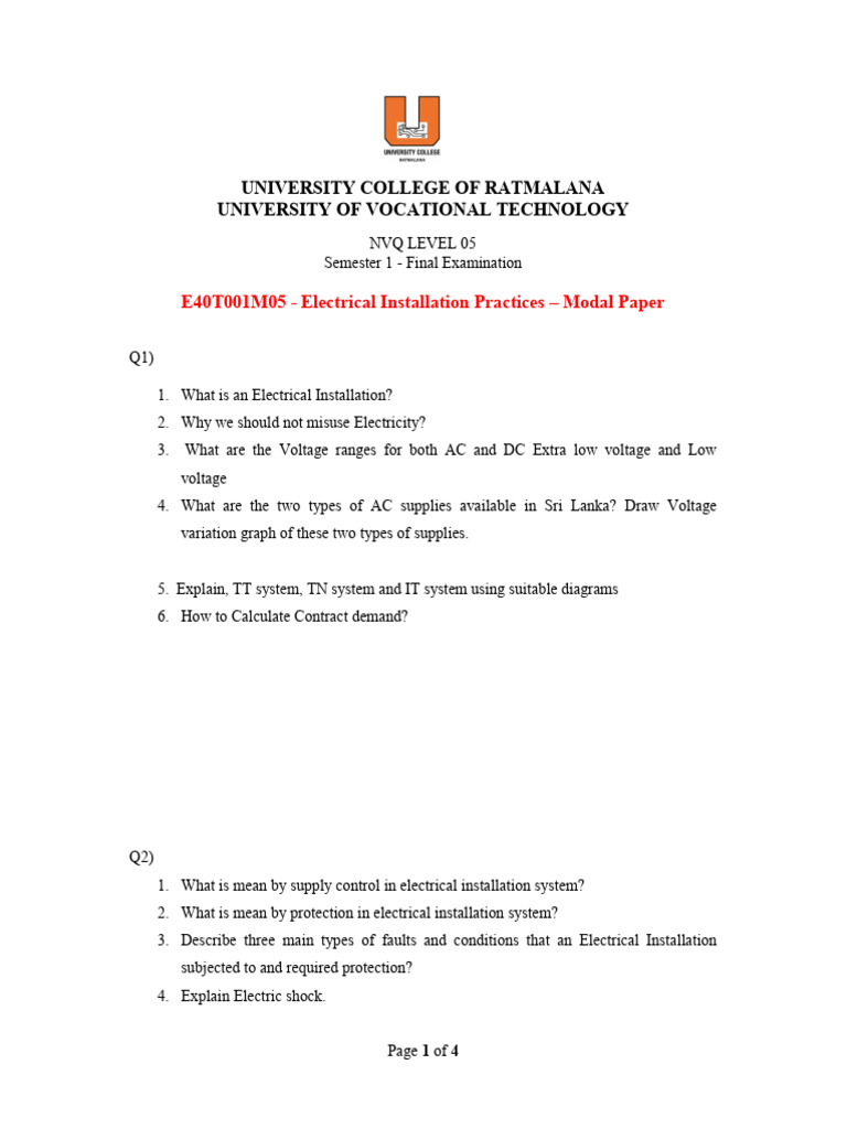 Electrical Installation Practices Exam Guide | PDF | Ac Power Plugs And ...