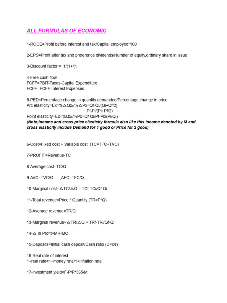 Comprehensive Economic Formulas Guide | PDF