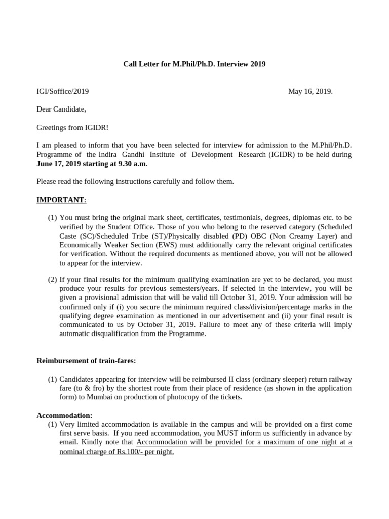 Interview Call Letter MPhil-Ph.D. 2019 | PDF