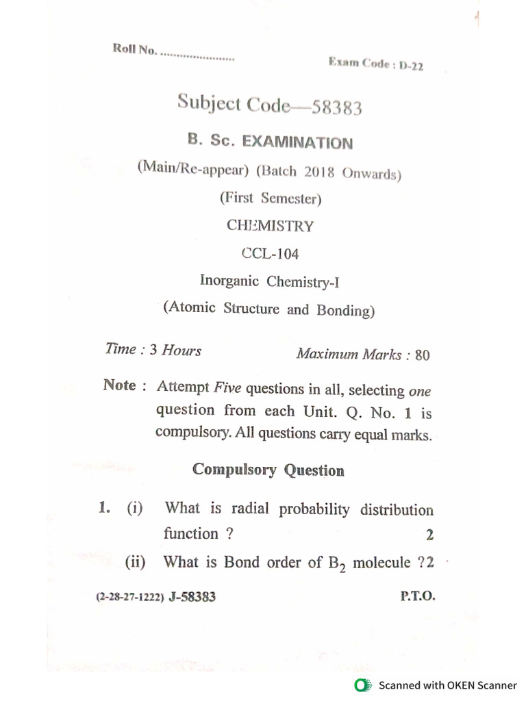 Chemistry 1st Semester Bothquestion Paper | PDF
