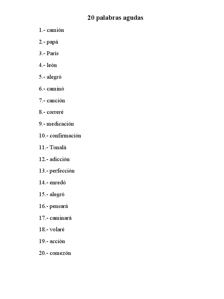 20 Palabras Agudas | PDF