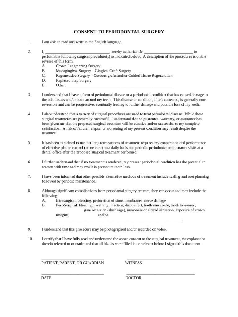 Consent To Periodontal Surgery | PDF | Periodontology | Surgery