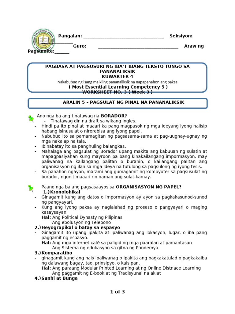 PAGBASA WEEK3 4th | PDF