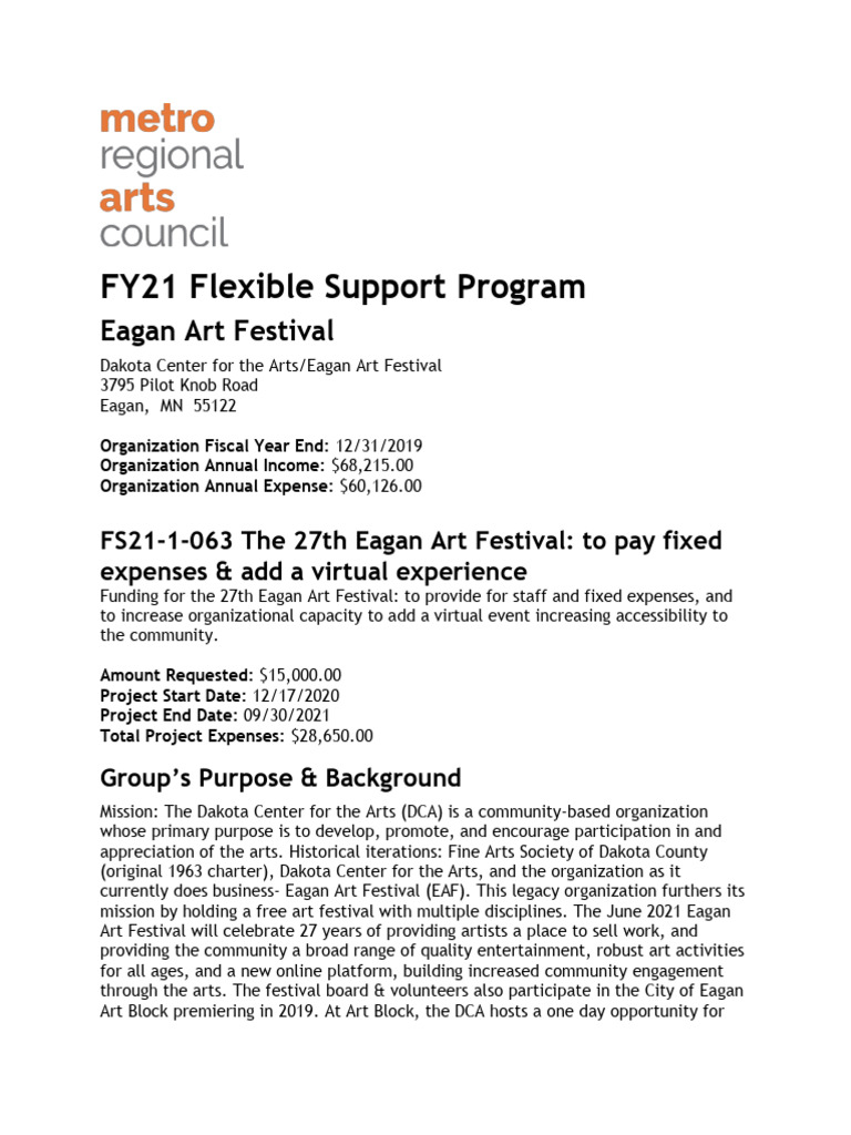 FY21 FS Sample Grant Application Eagan Art Festival Accessible | PDF