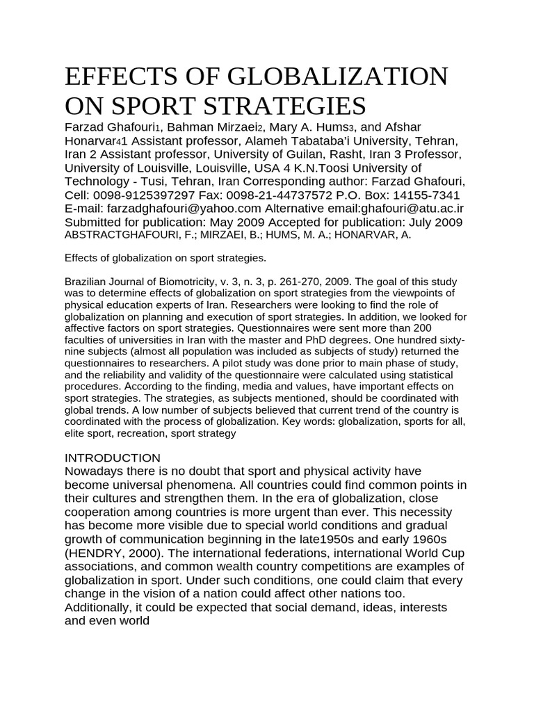 Effects of Globalization On Sport Strategies Farzad Ghafouri1 | PDF ...