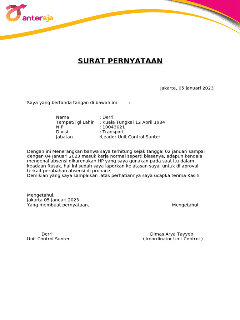 Surat Pernyataan Absensi Derri | PDF