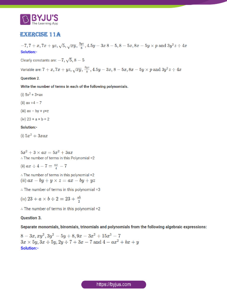 ICSE Class 8 Maths Selina Solutions Chapter 11 Algebraic Expressions | PDF