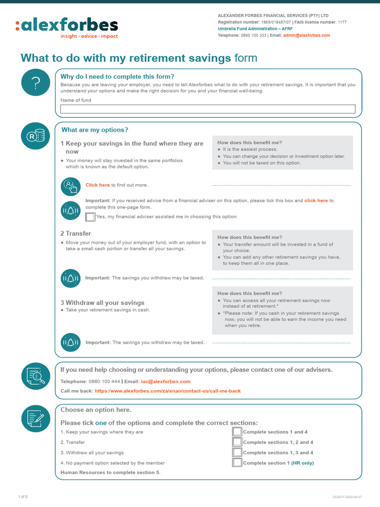 Alexander Forbes Withdrawal Options Form | PDF | Loans | Pension