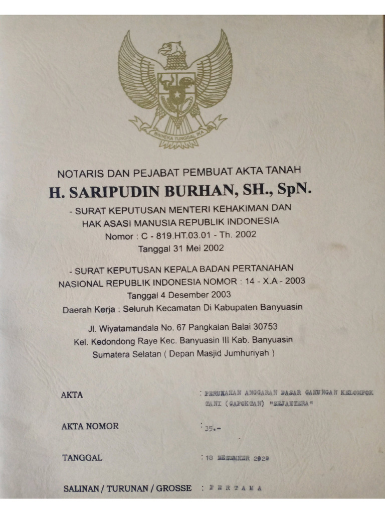 Akta Pendirian Gapoktan Sejahtera & Simluhtan | PDF