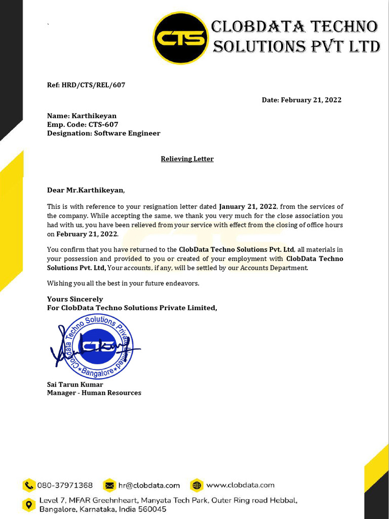 Relieving Letter for Karthikeyan | PDF