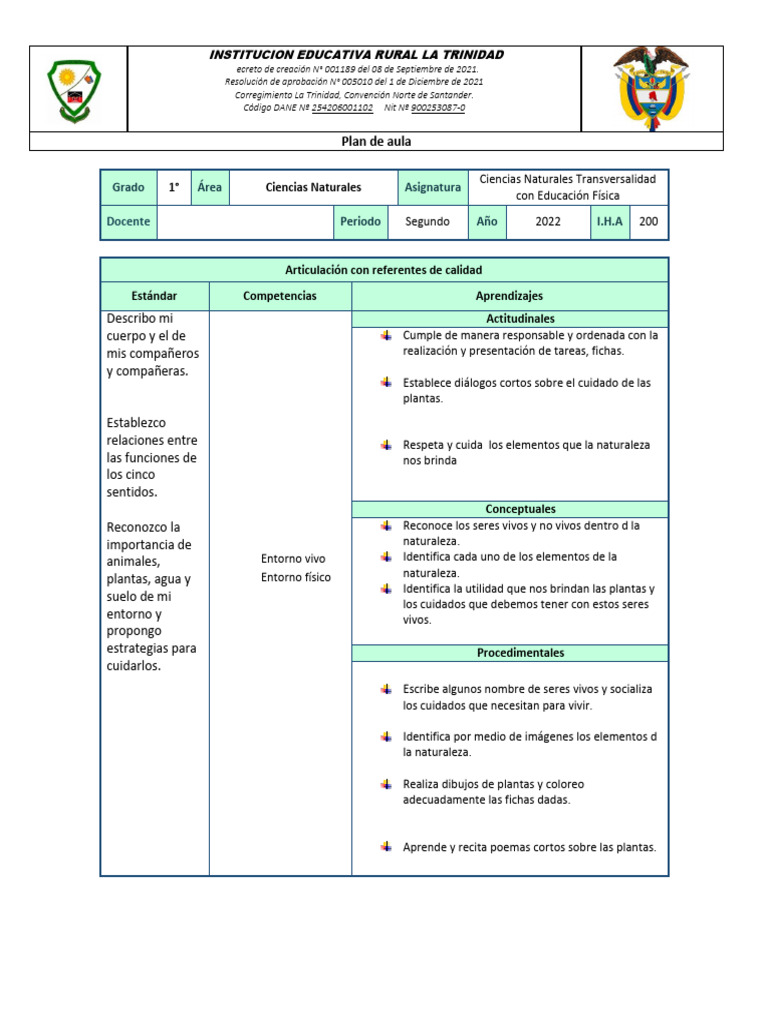 Plan de Aula: Ciencias Naturales 1° Grado | PDF | Ciencias de la Tierra