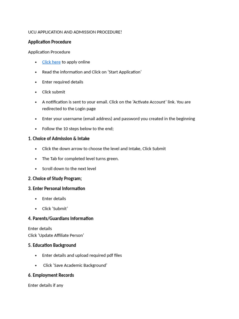 Ucu Application and Admission Procedure | PDF