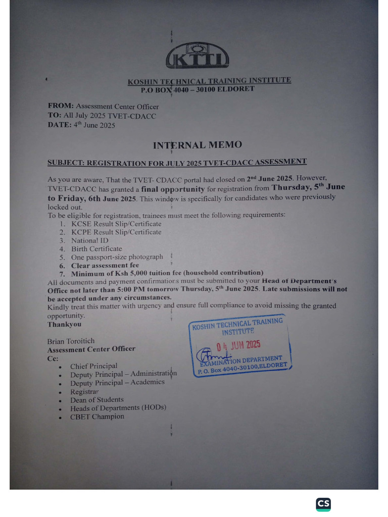 July 2025 Tvet Cdacc Registration Memo | PDF