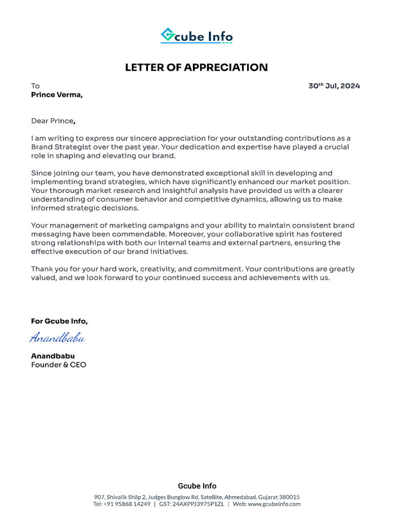 Appreciation Letter - Prince | PDF
