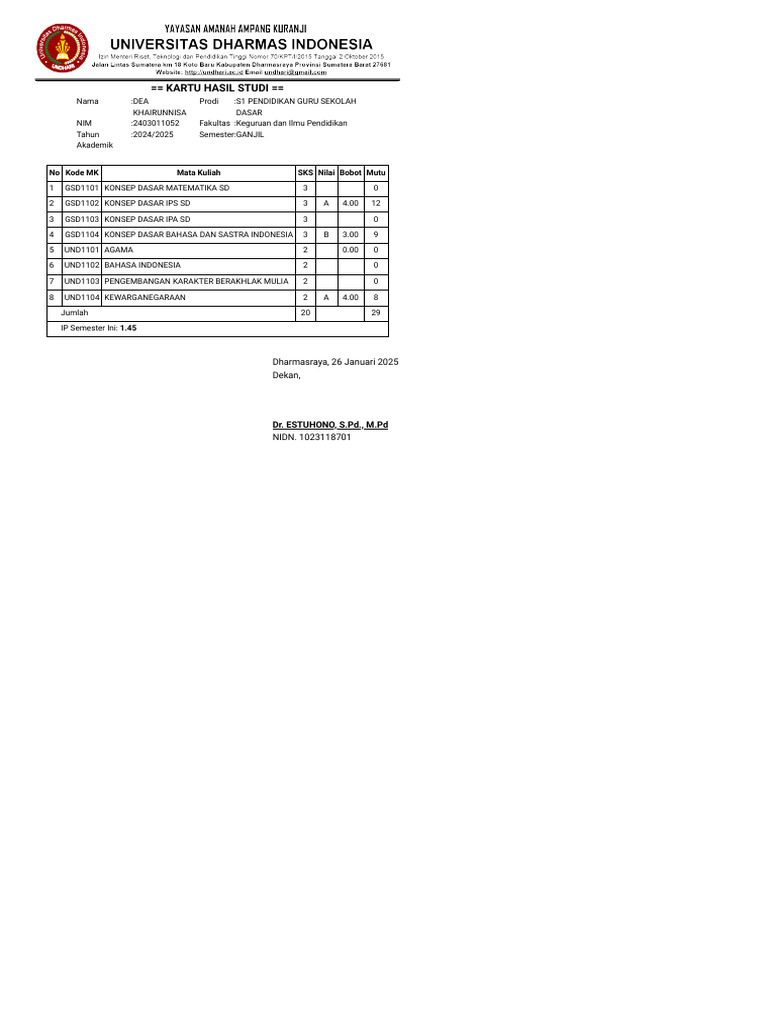 Akademik - Undhari.ac - Id Mahasiswa Khs Cetak 53 | PDF