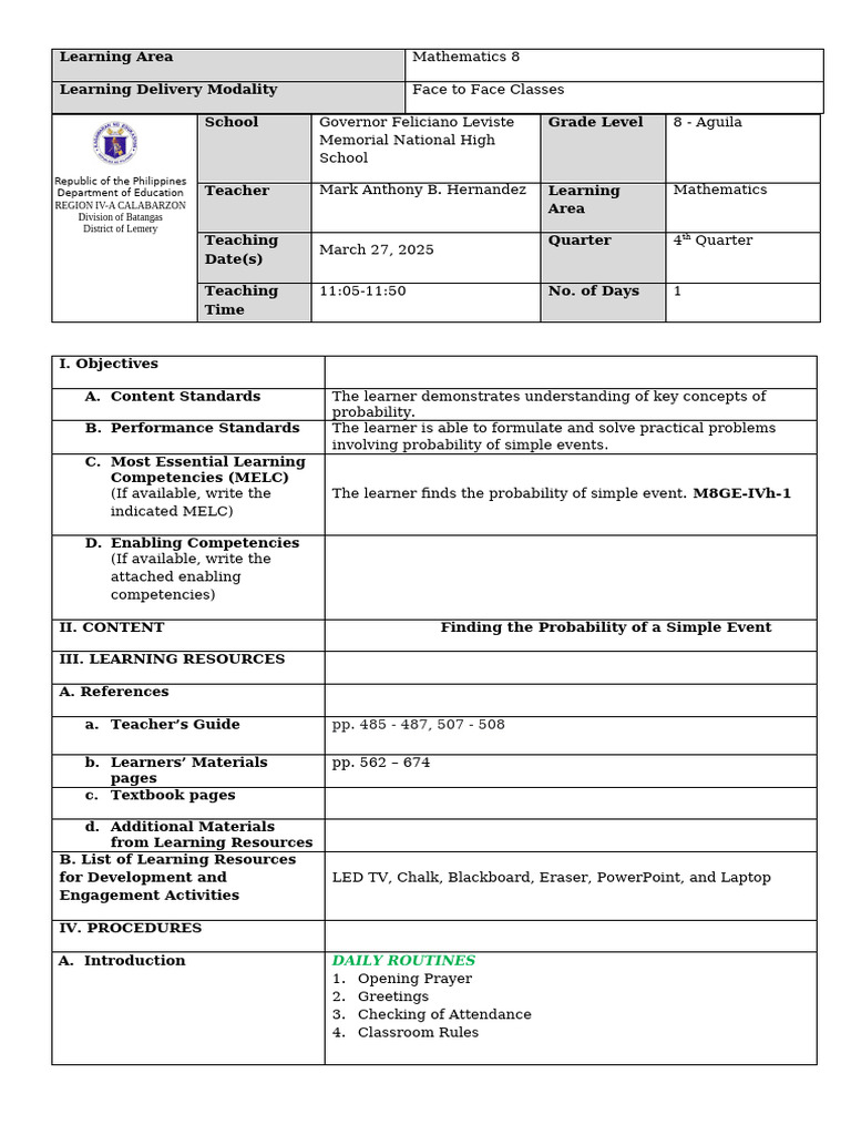 Probability of Simple Events Lesson Plan | PDF | Probability
