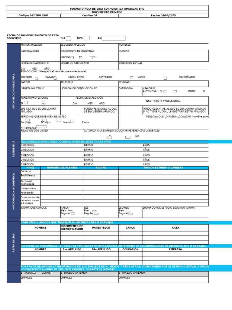 F43 THU 0101 Hoja de Vida Corporativa ABPS | PDF