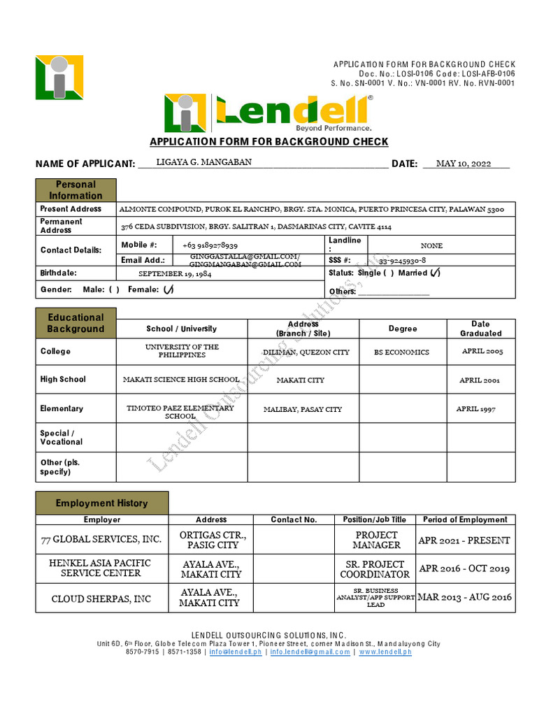 LOSI - Application Form For Background Check | PDF | Privacy