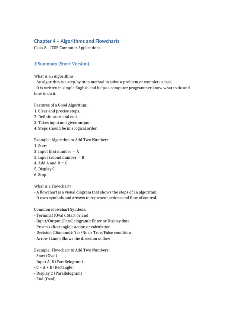 Chapter 4 Algorithms and Flowcharts Class 8 ICSE | PDF | Algorithms | Computer Programming