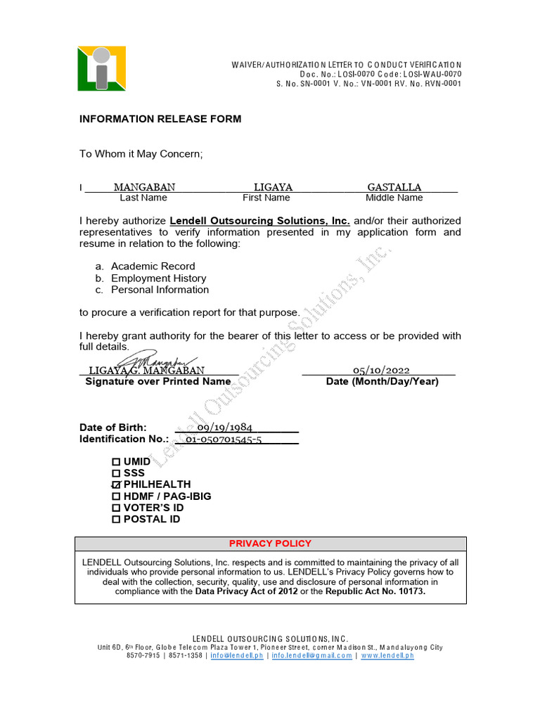 LOSI - Waiver - Authorization Letter To Conduct Verification (BI) | PDF ...