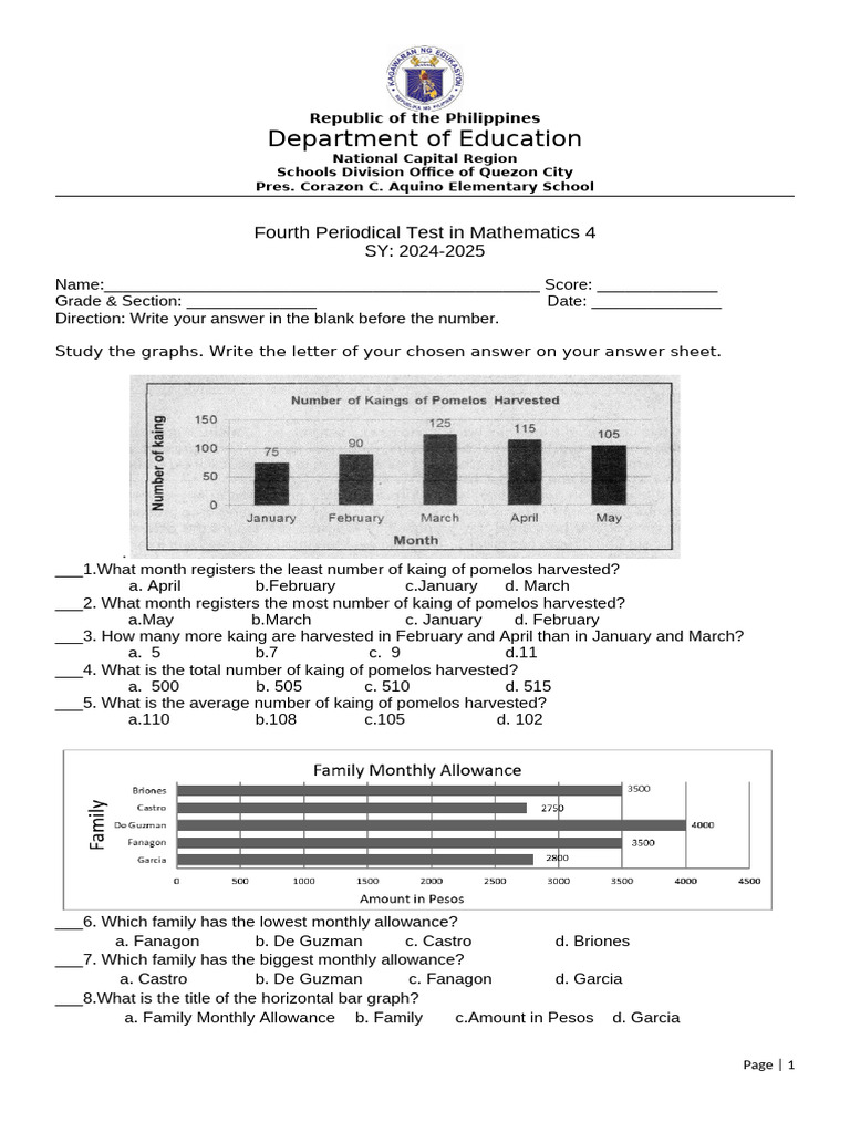 4th Grade Math Periodical Test | PDF | Numbers | Decimal