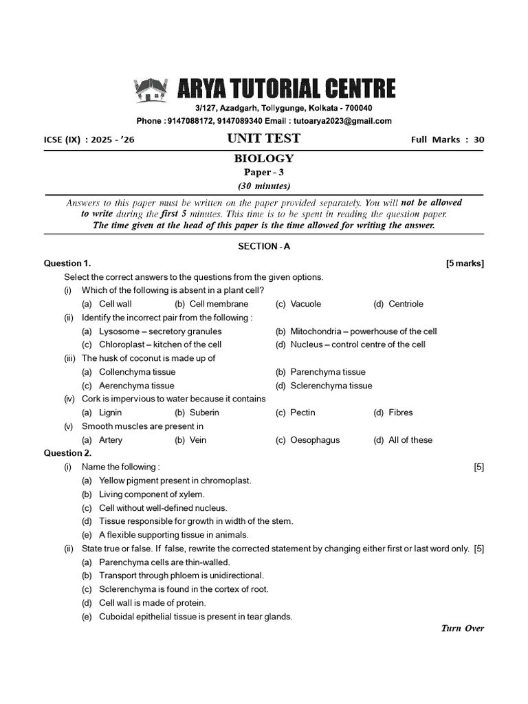 Biology (IX) UT 2025-26 QUES | PDF | Tissue (Biology) | Life Sciences
