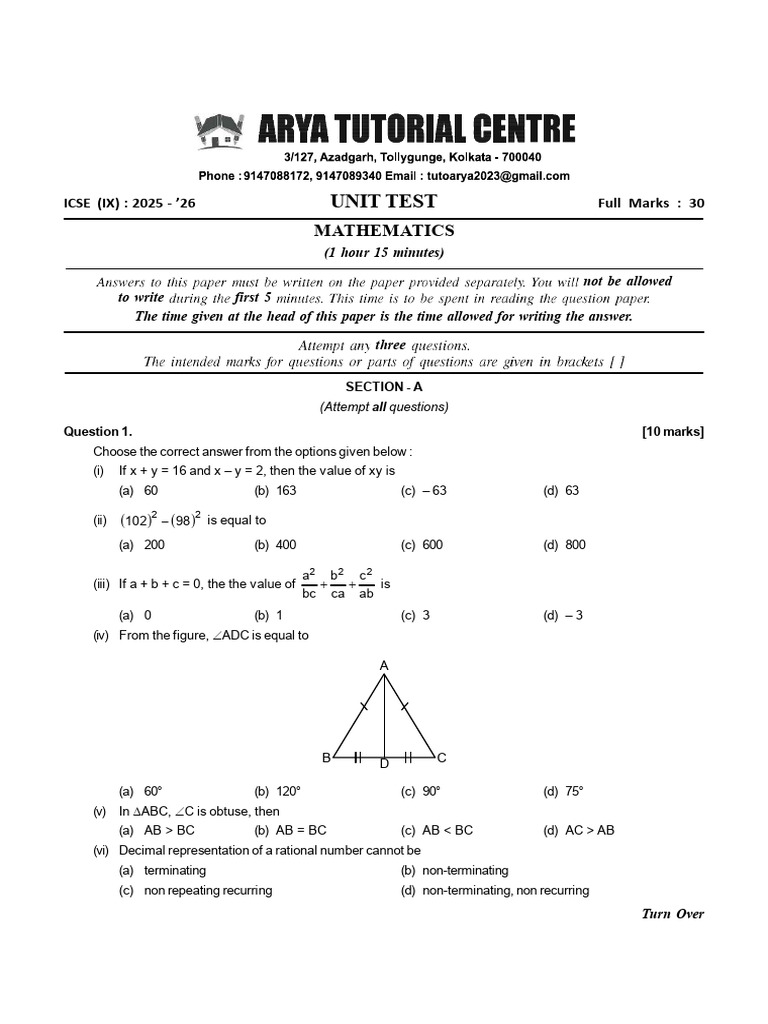 Mathematics (IX) UT 2025-26 QUES | PDF | Numbers | Elementary Mathematics